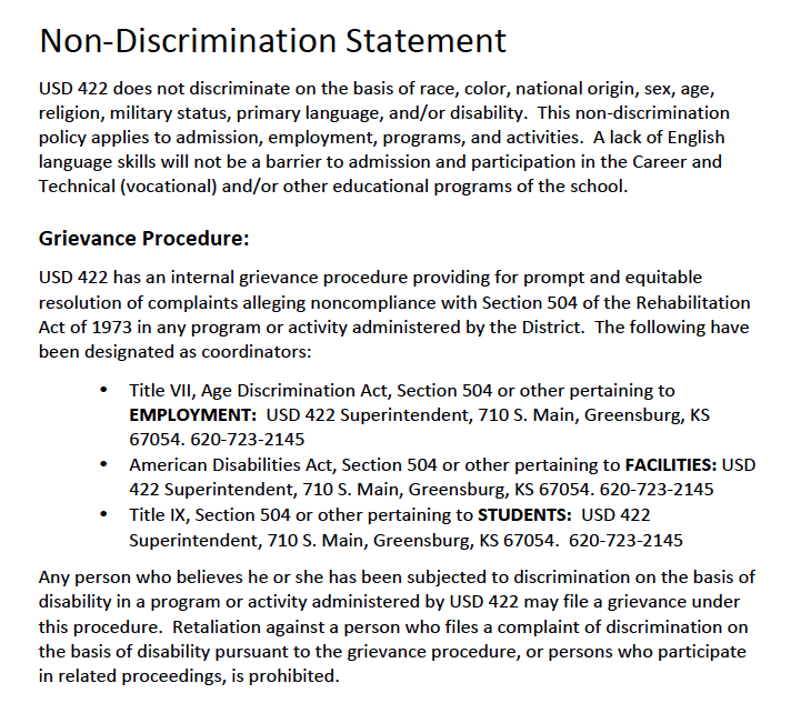 USD 422 - Non Discrimination Statement & Grievance Procedure